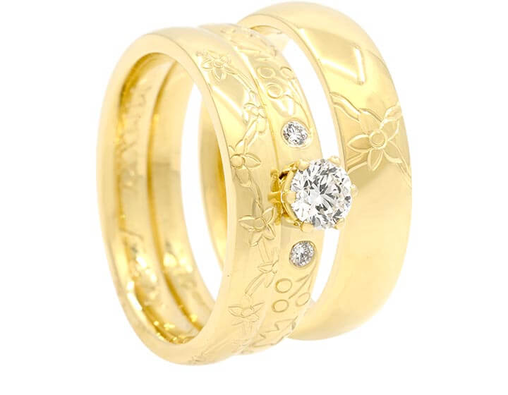 Emma and Mihir's Matching Forget Me Not Wedding Rings